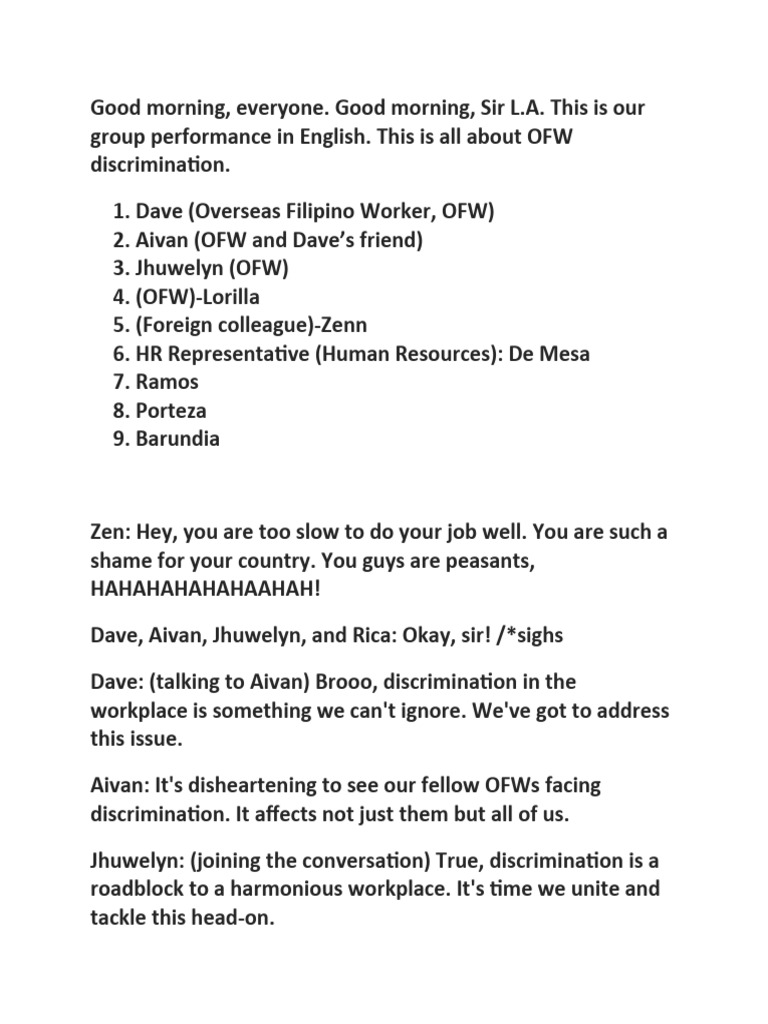 English Script Ofw Discrimination | PDF | Social Psychology | Human ...