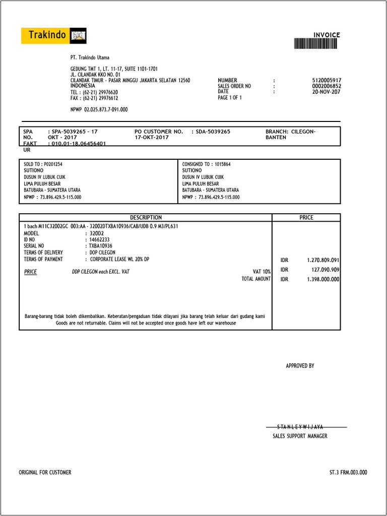 Invoice Alat Berat Komatsu 2017 | PDF