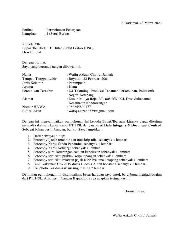 Lamaran Kerja PT HSL | PDF