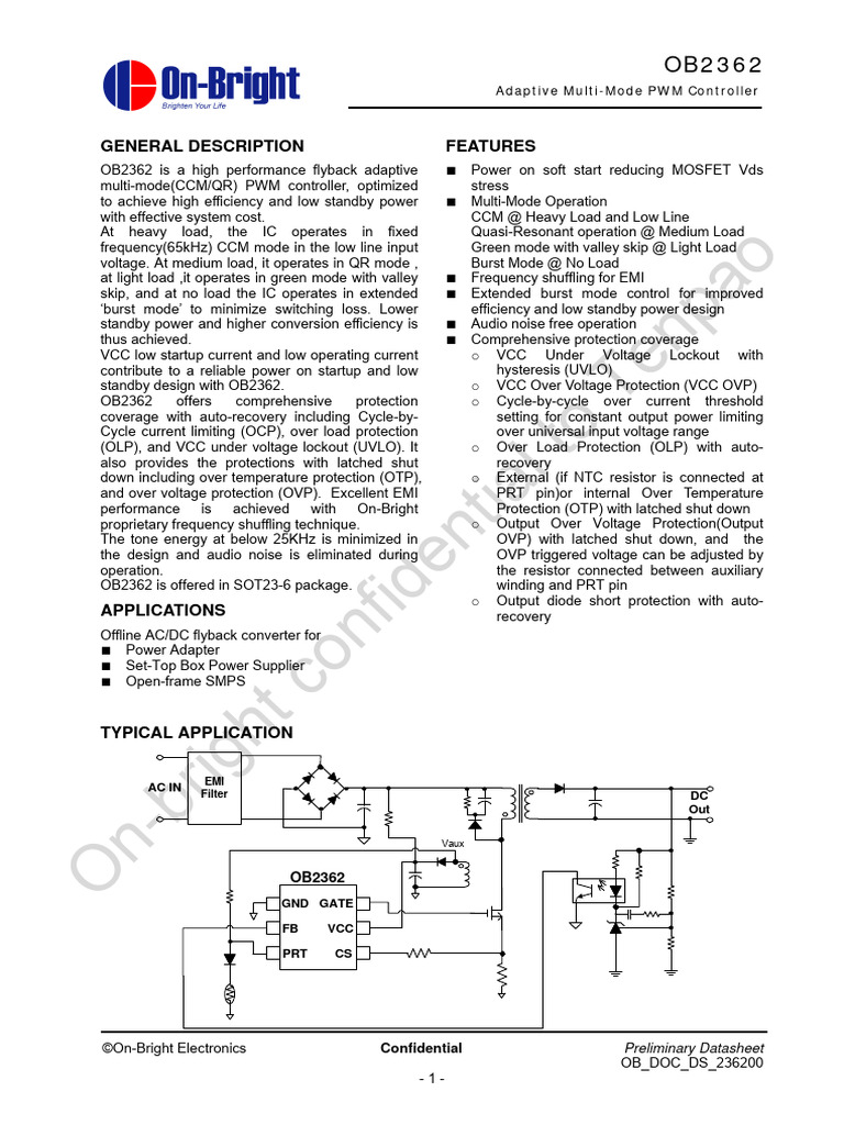 OB2362 Datasheet | PDF | Power Supply | Mosfet