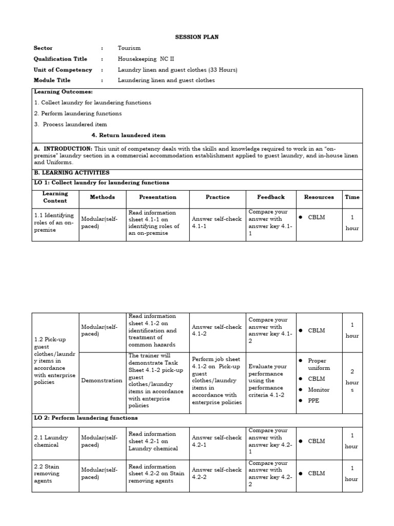 Session Plan Modules 1 | PDF | Housekeeping | Laundry