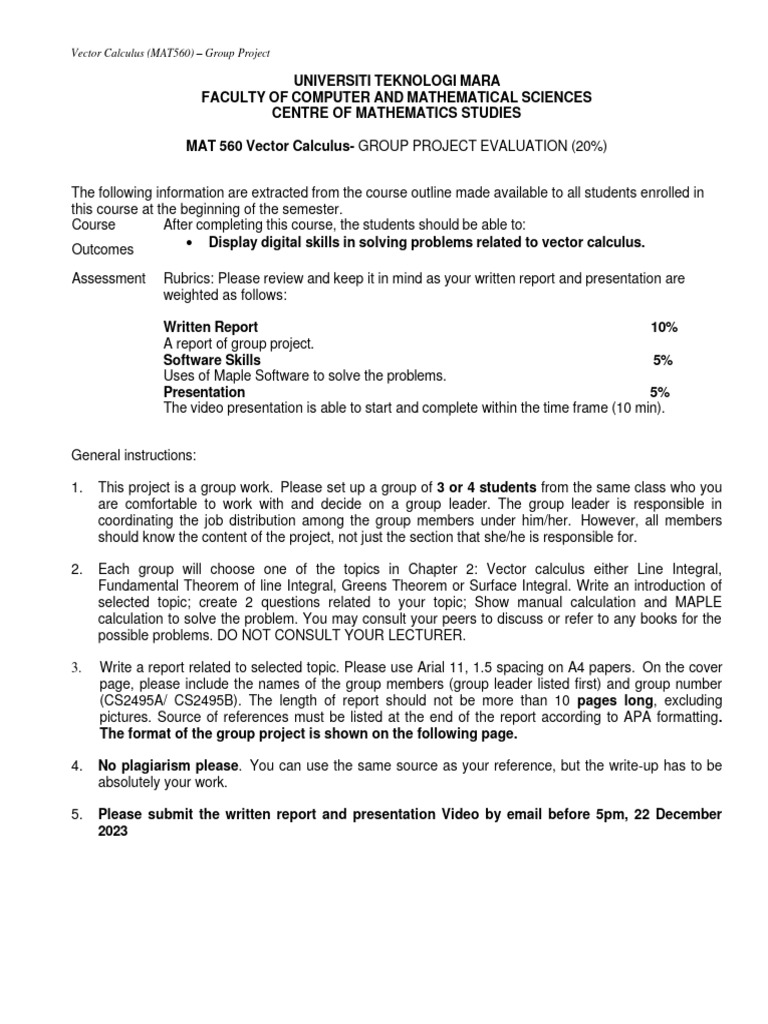 MAT560 Group Project Instruction (Oct 2023-Feb 2024) | PDF | Integral | Analysis