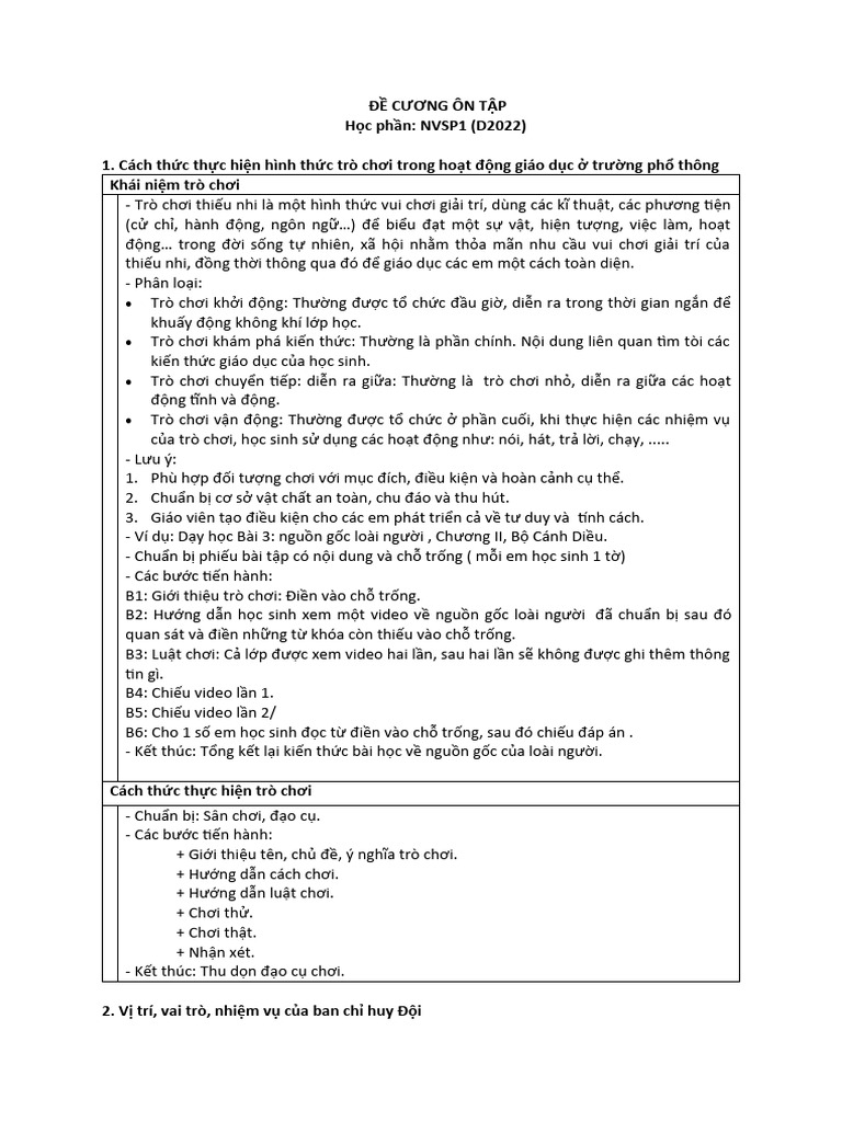 ĐỀ CƯƠNG ÔN TẬP nvsp | PDF