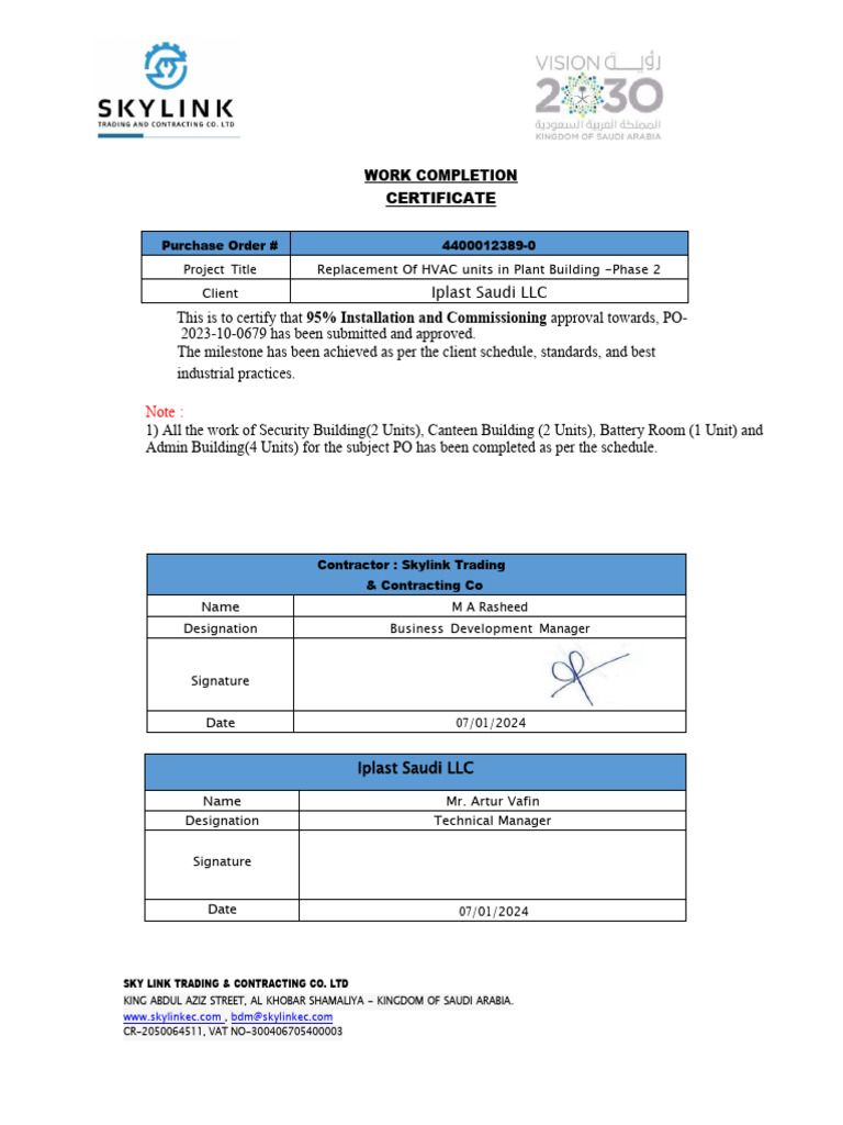 Sample Work Completion Certificate | PDF