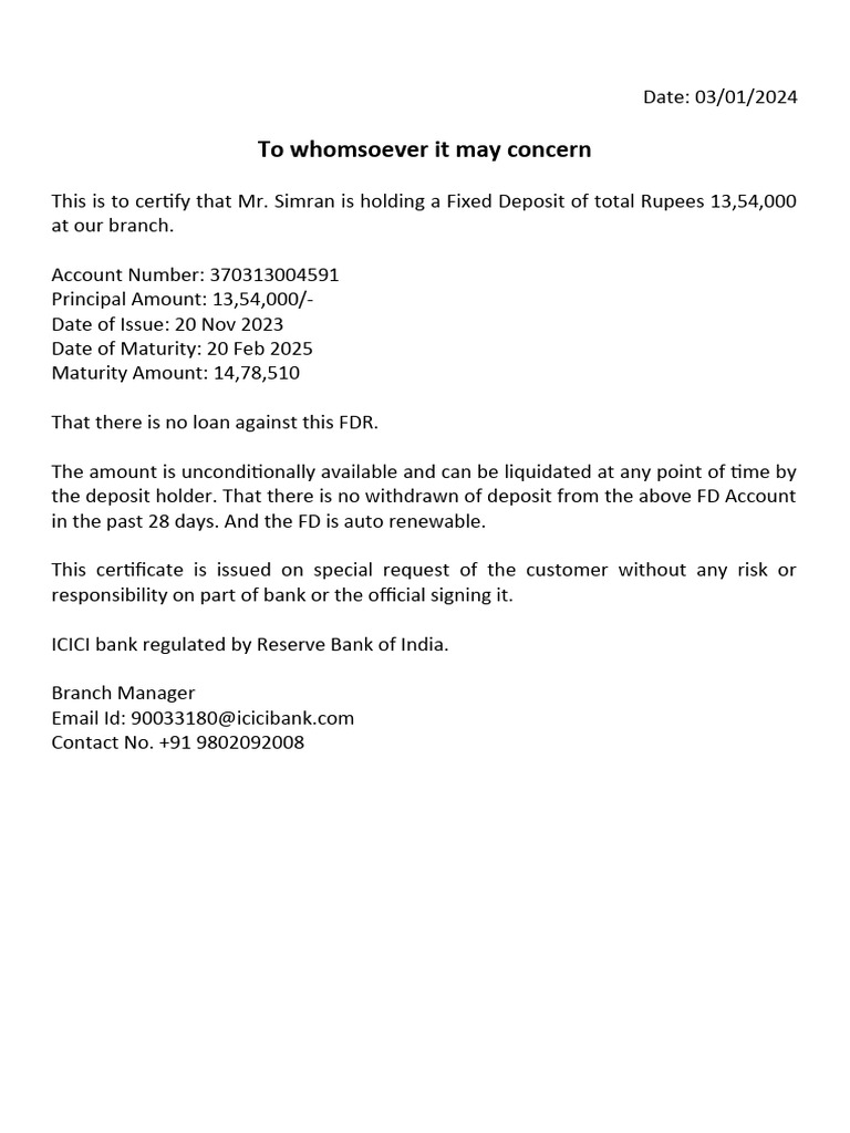 ICICI Bank Fixed Deposit Certificate | PDF