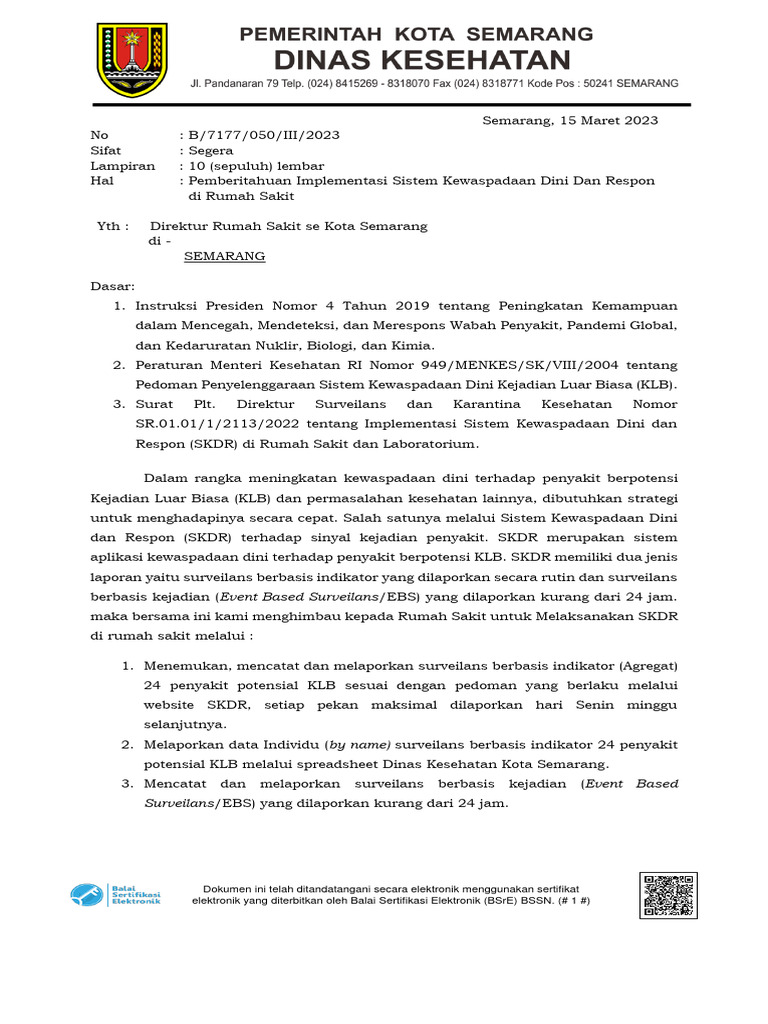 Surat Implementasi SKDR Di Rumah Sakit | PDF