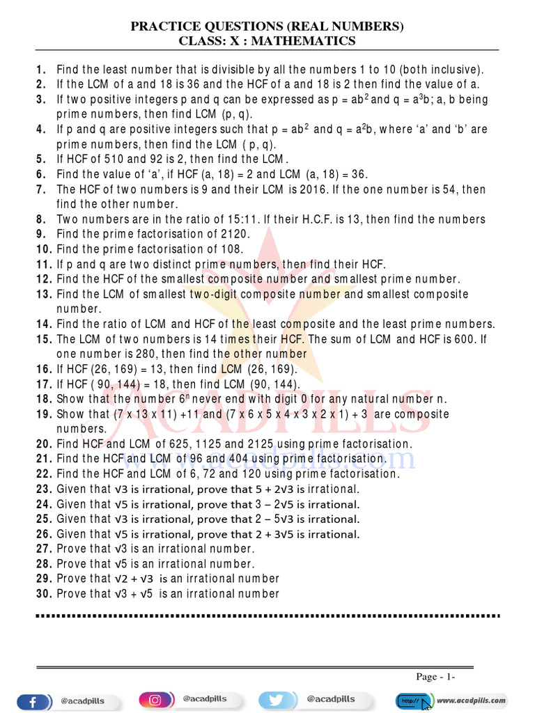Practice Questions Real Numbers Class X | PDF