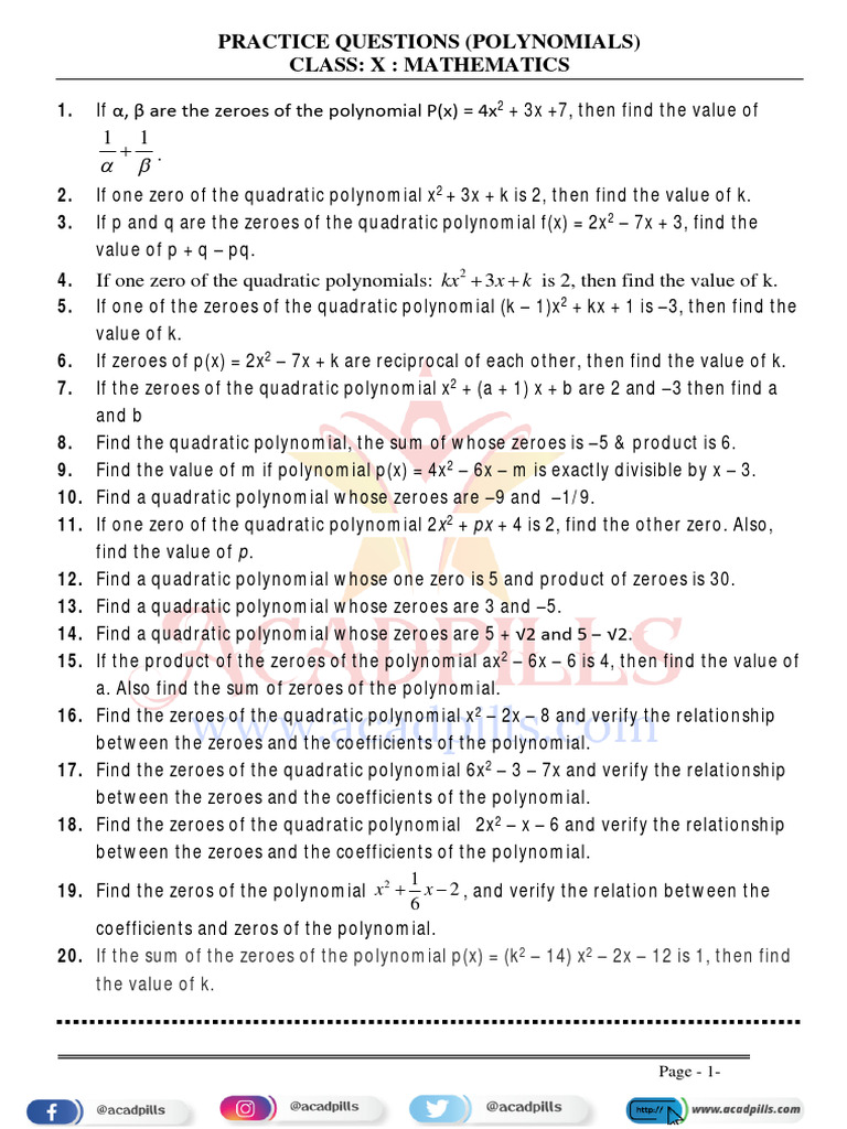 Practice Questions Polynomials Class X | PDF
