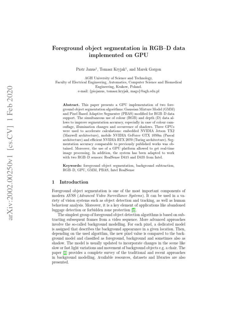 Foreground Object Segmentation in RGB-D Data Implemented On GPU | PDF | Graphics Processing Unit ...