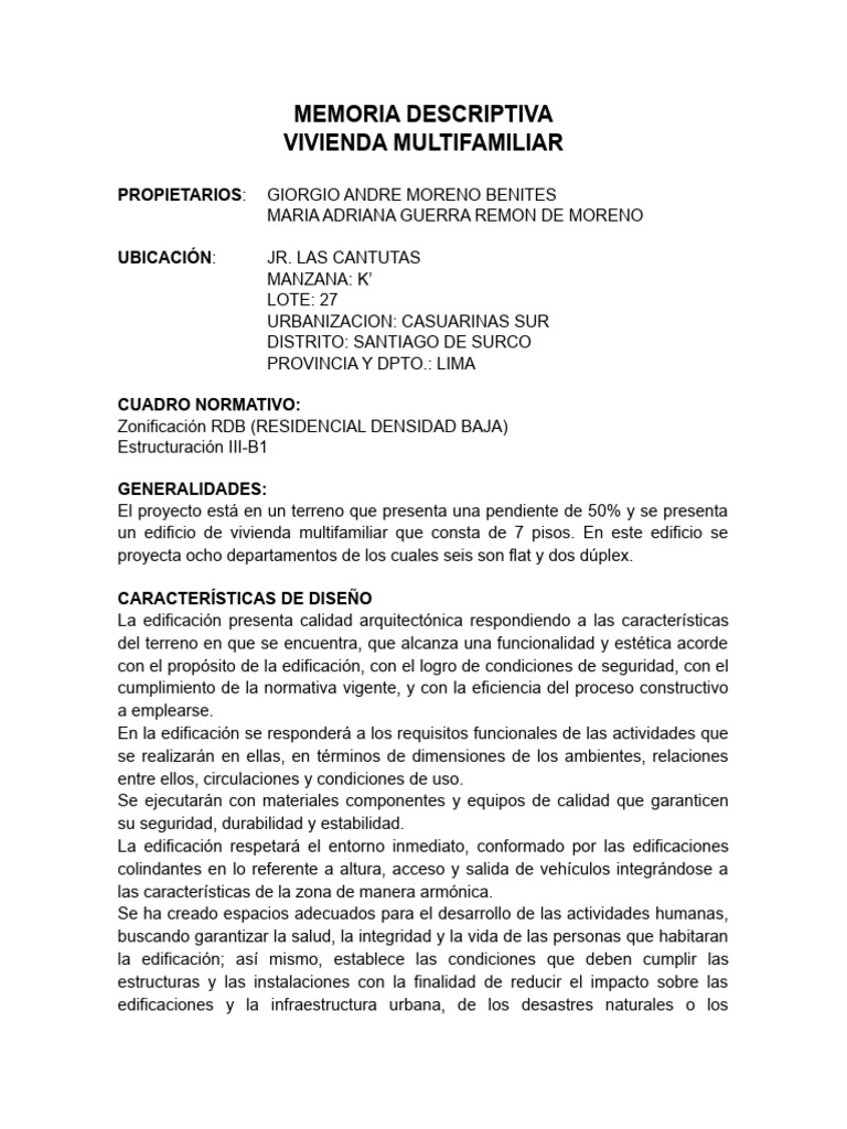 Memoria Descriptiva Proyecto Jr. Las Cantutas Casuarinas Sur | PDF | edificio | Ventana