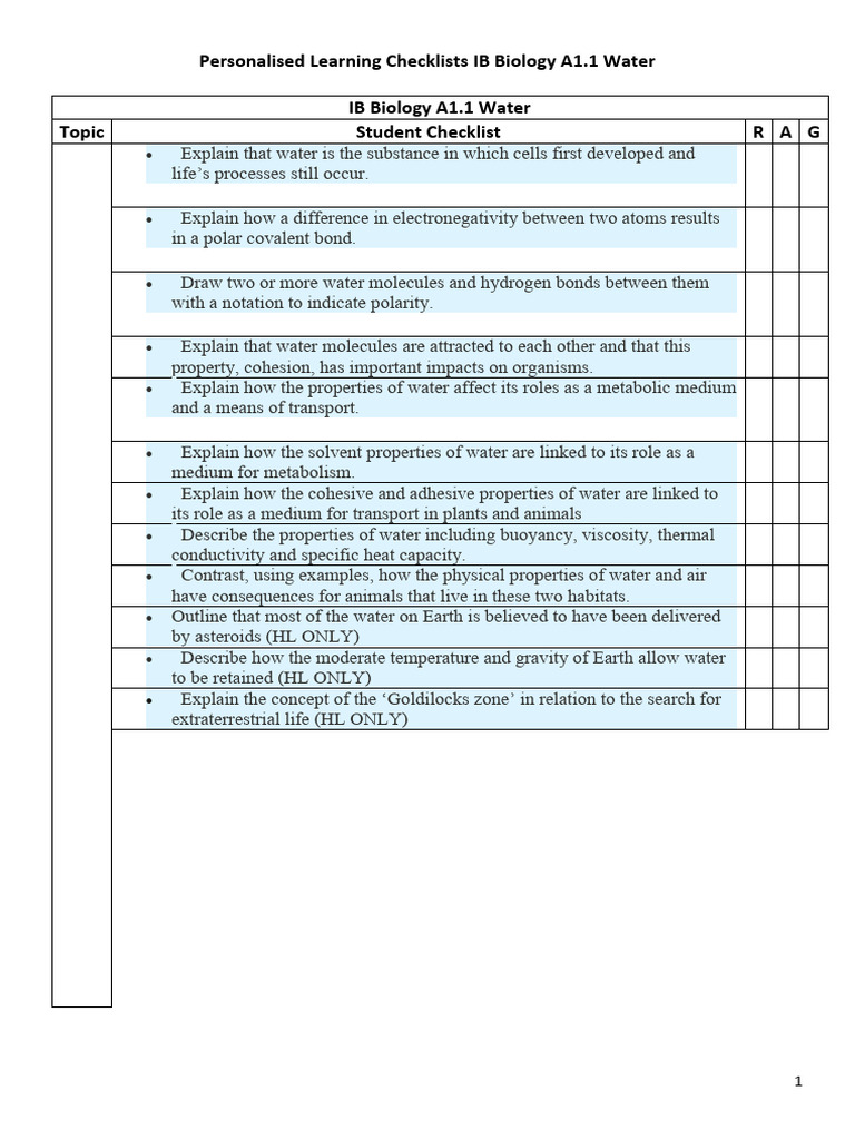 A1.1 Water Checklist | PDF | Science & Mathematics
