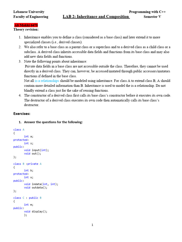 Lab2 - Inheritance and Composition | PDF | Inheritance (Object Oriented Programming) | Class ...