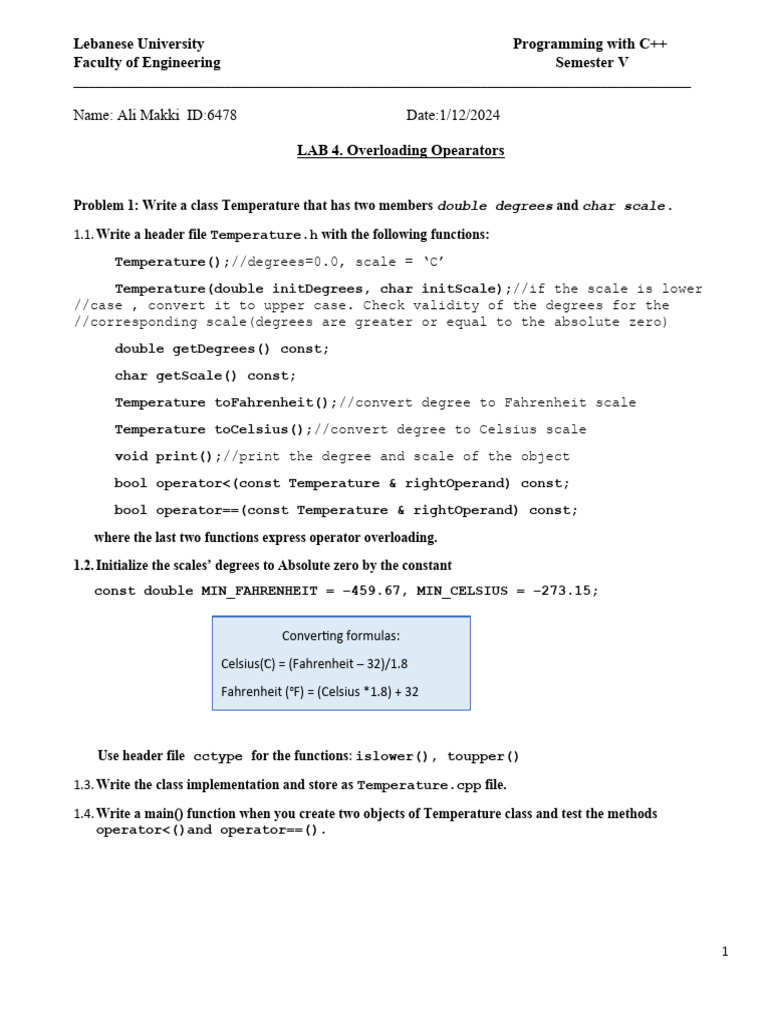 LAB 4. Overloading Operators 2024 | PDF | Temperature | Fahrenheit