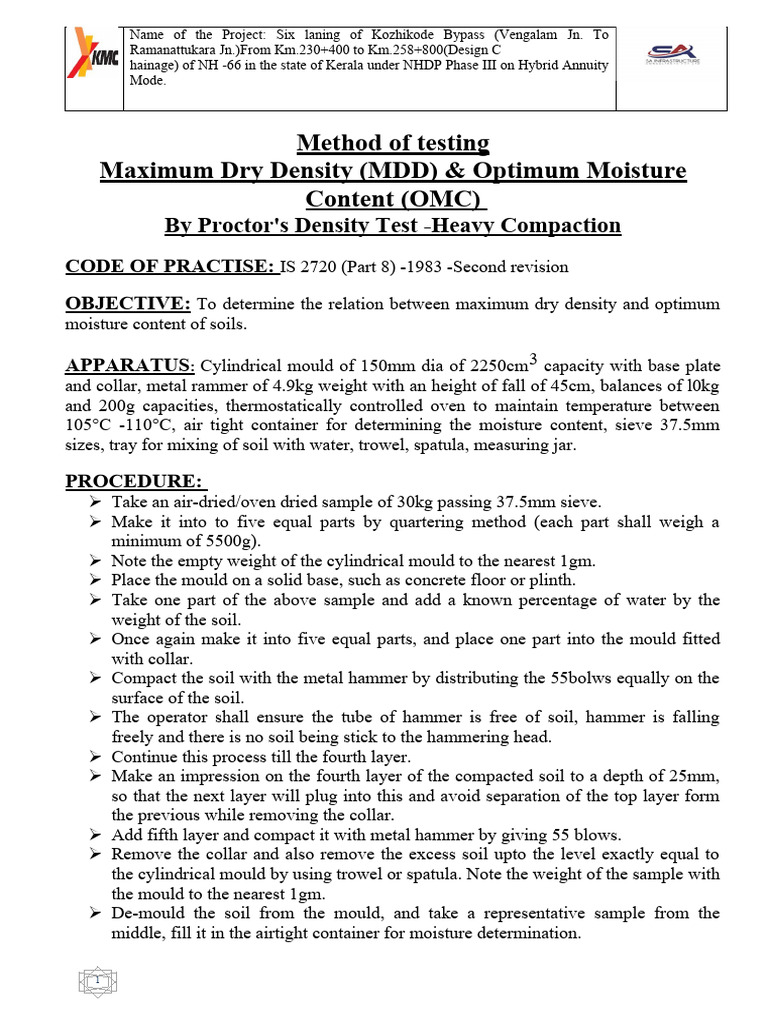 MDD and OMC Testing Procedure | PDF | Soil | Density
