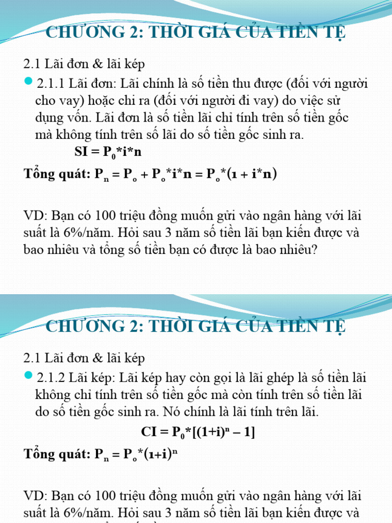 Chương 2: Thời Giá Của Tiền Tệ: Si = P *i*n Tổng quát: P = P + P *i*n = P * (1 + i*n) | PDF