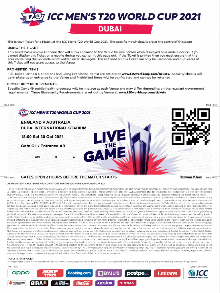 England vs Australia T20 Ticket Info | PDF