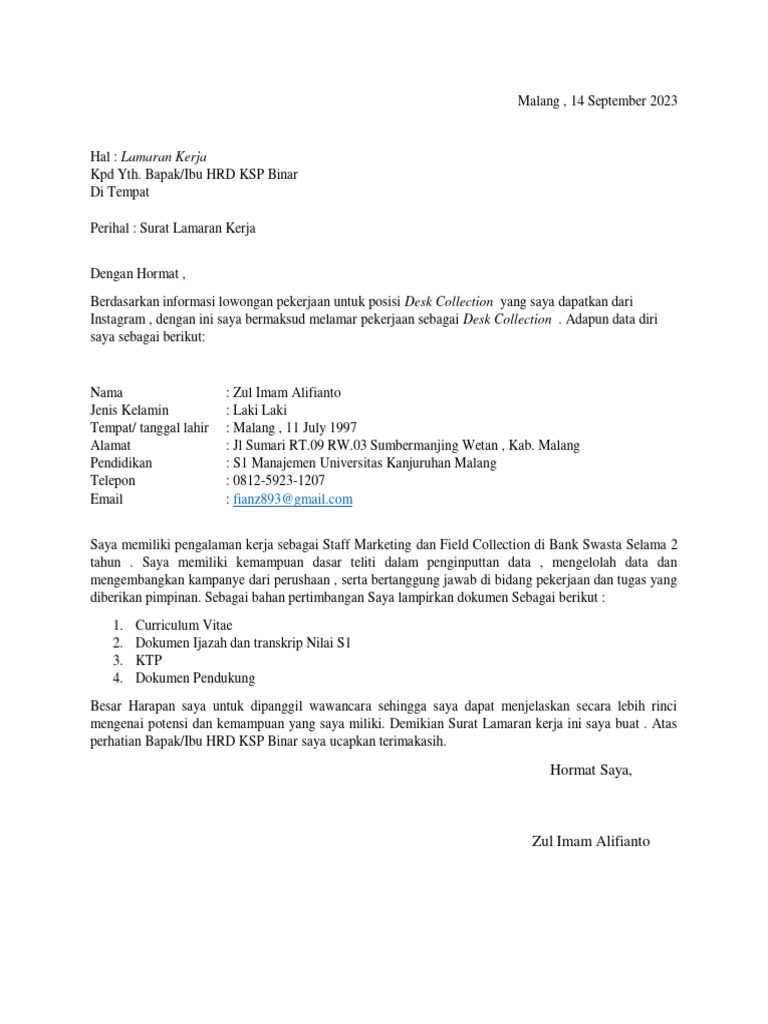 Surat Lamaran Desk Collection KSP Binar | PDF