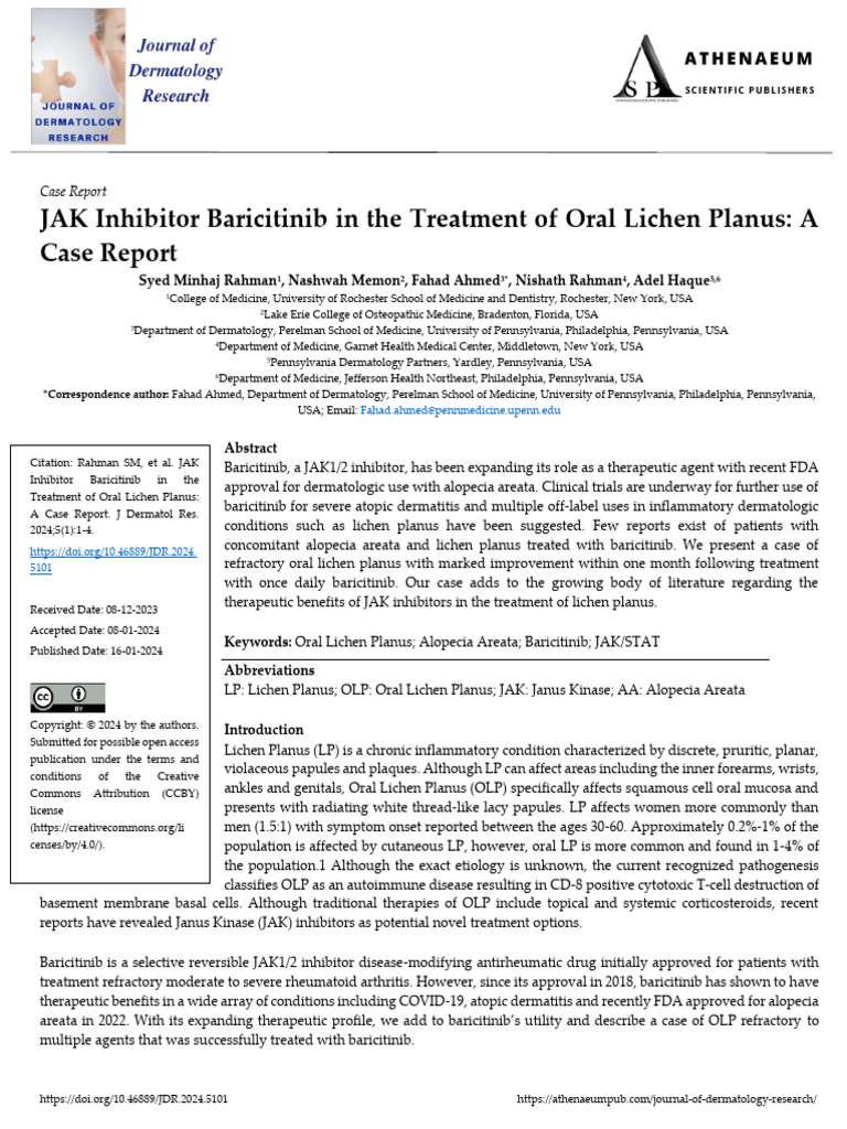JAK Inhibitor Baricitinib in The Treatment of Oral Lichen Planus A Case Report | PDF | Medical ...