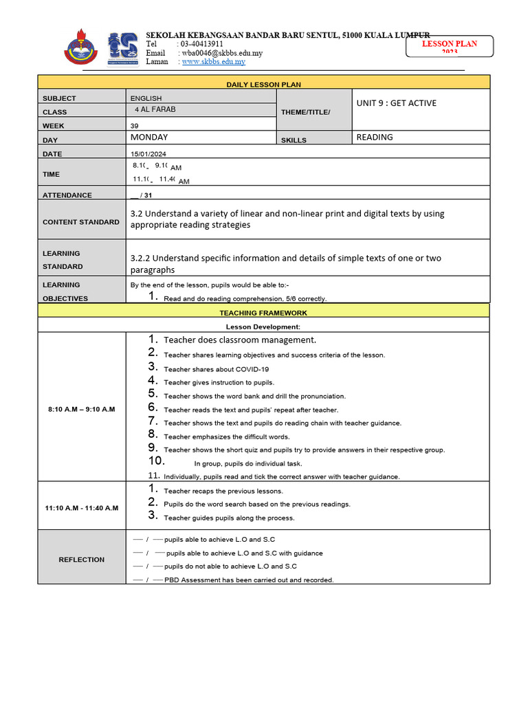 Bi 4af 15.1.2023 Lessonplan | PDF | Teachers | Lesson Plan