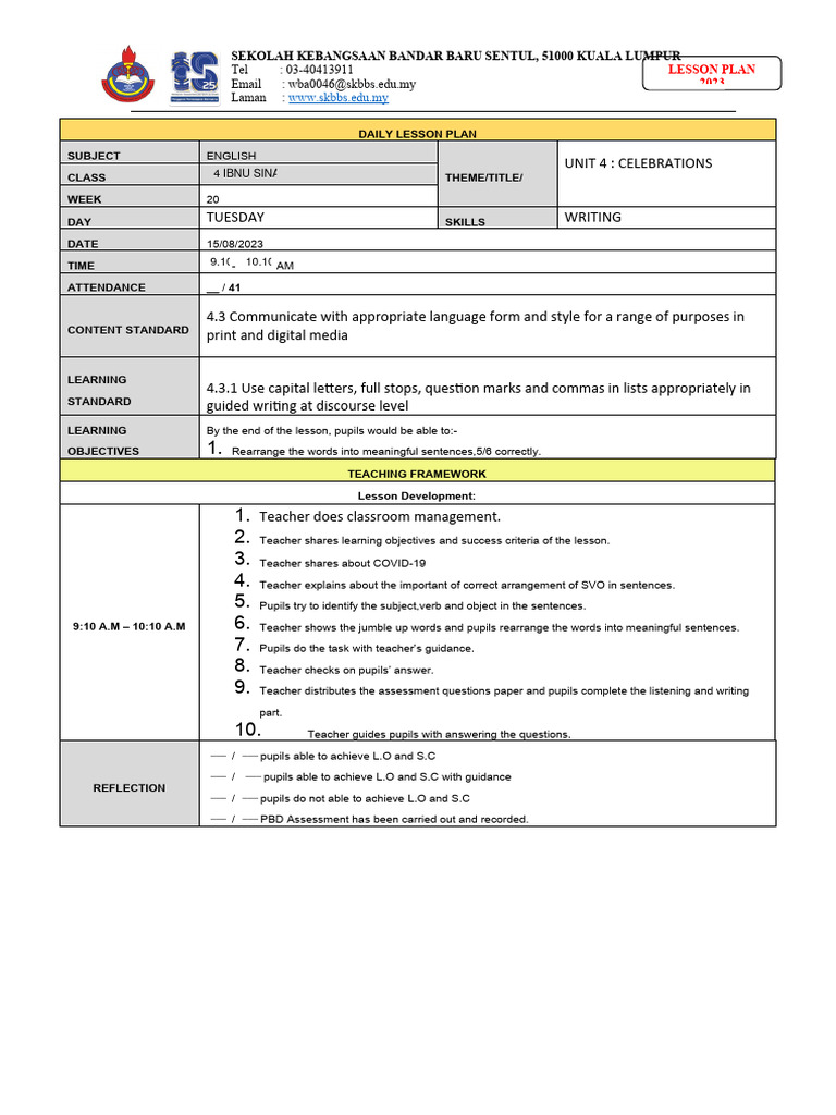 4is 15.8.2023 Lessonplan | PDF | Teachers | Lesson Plan