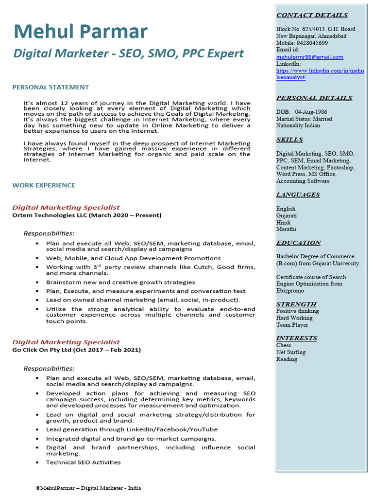 Mehul Resume 3 Nov 2022 | PDF | Search Engine Optimization | Digital ...