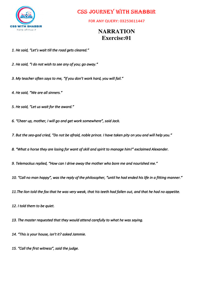 Narration Exercises CSS Journey With Shabbir | PDF