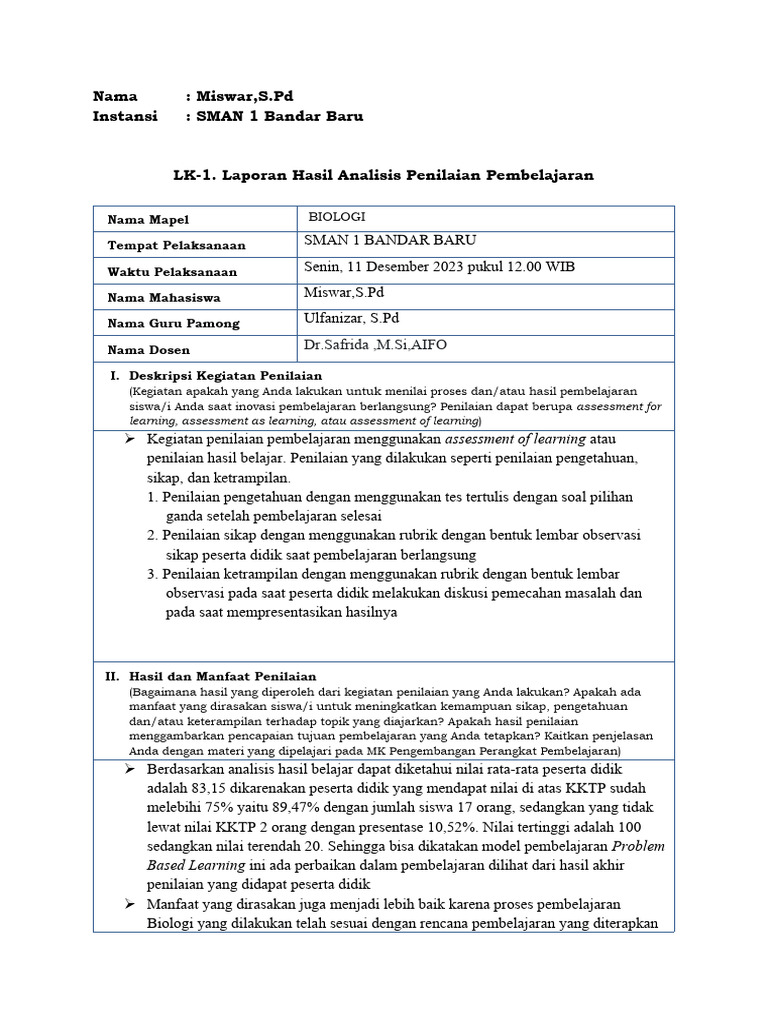 LK.1 Laporan Hasil Analisis Penilaian Pembelajaran. | PDF | Karier & Perkembangan | Sains ...