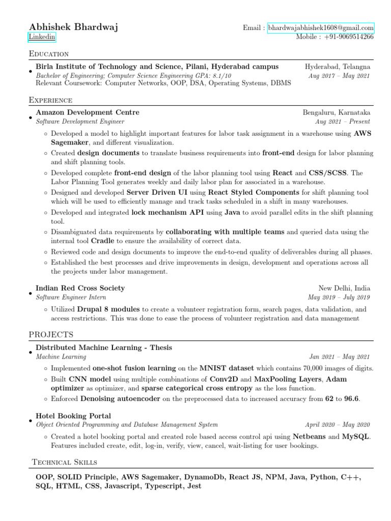 Abhishek Bhardwaj SDE Resume | PDF | Databases | Object Oriented Programming