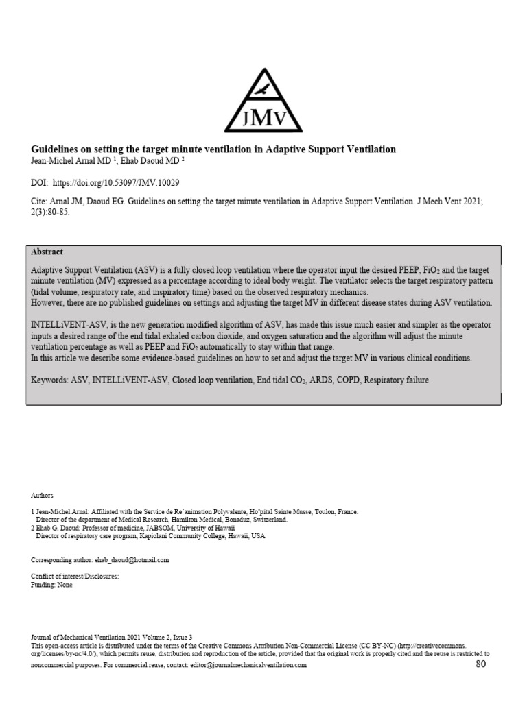 Guidelines On Setting The Target Minute Ventilation in Adaptive Support ...
