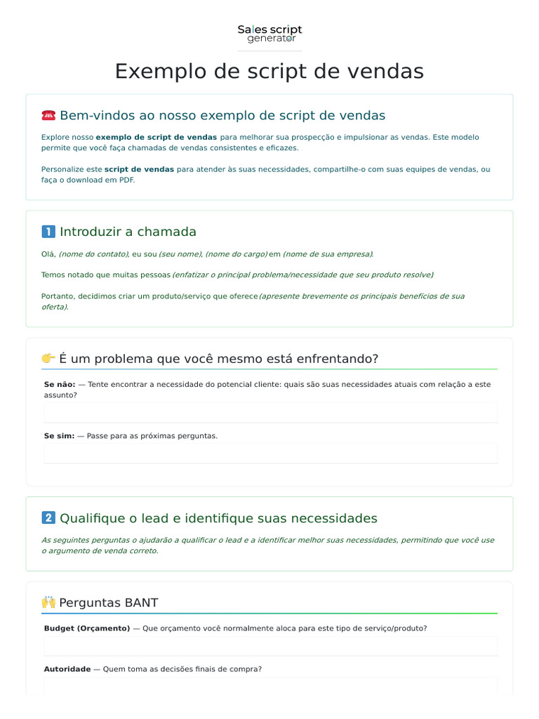 Exemplo de Script de Vendas | PDF | Linguagem de script | Orçamento