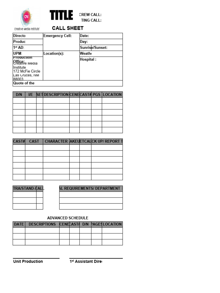 Call Sheet Template 1 | PDF | Filmmaking