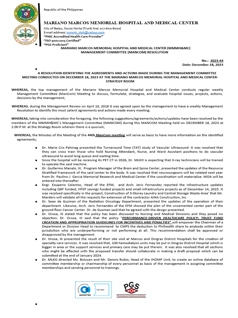 Mancom Resolution December 18, 2023 | PDF | Hospital | Medicine