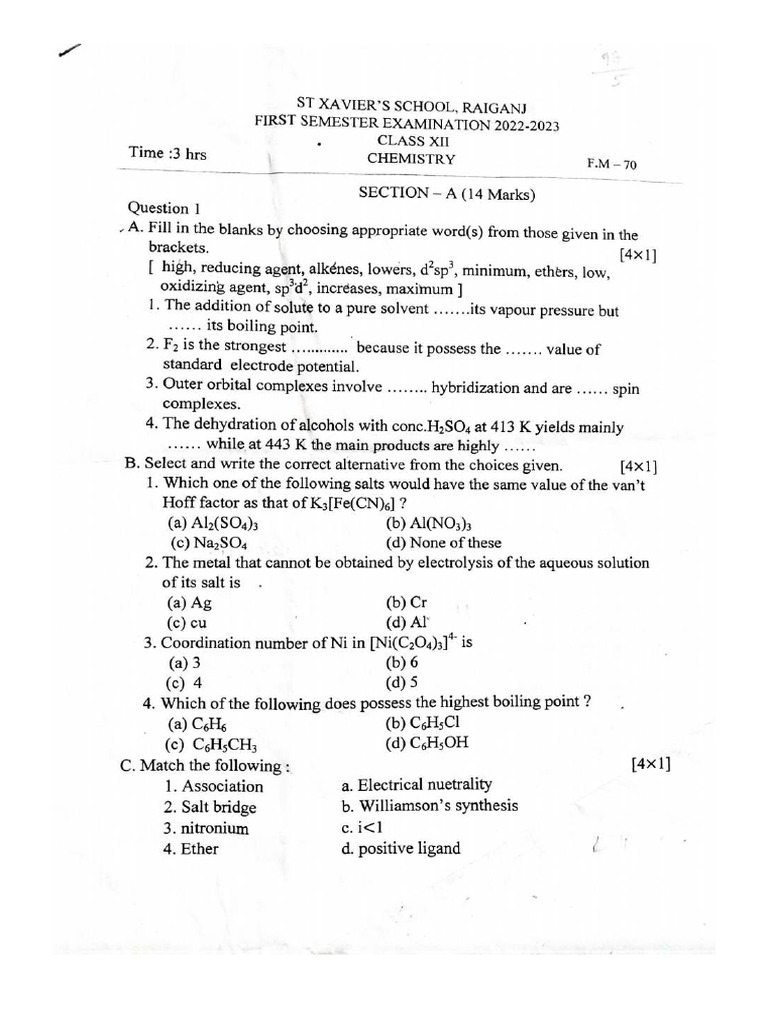 Previous Year First Semester, Chemistry | PDF