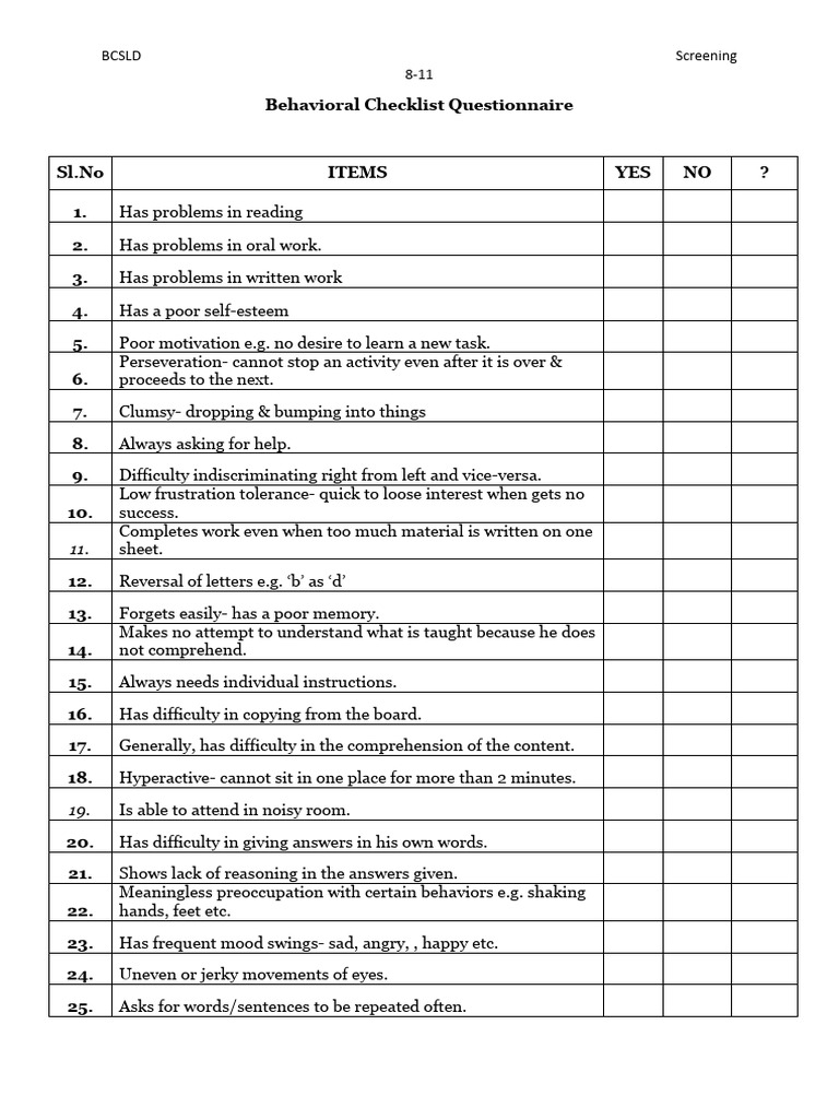 Behavioral Checklist For Screening The Learning Disabled | PDF