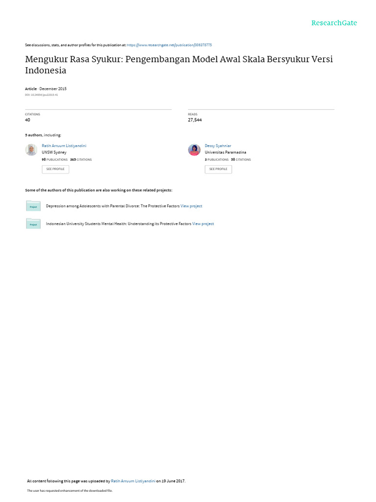 Mengukur Rasa Syukur Pengembangan Model Awal Skala | PDF | Psychology
