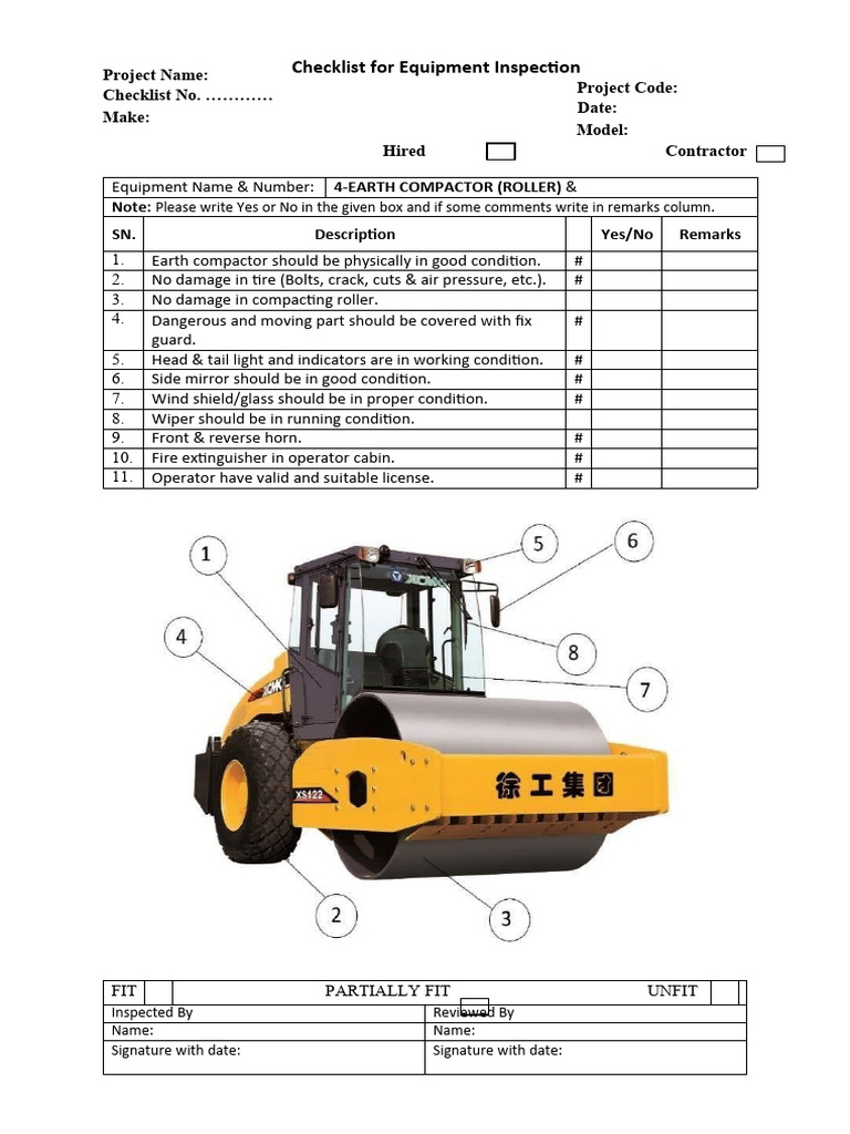 Checklist For Equipment Inspection EARTH COMPACTOR ROLLER | PDF