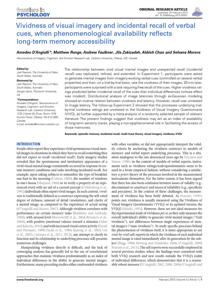 Vividness of Visual Imagery and Incident | PDF | Mental Image | Recall ...