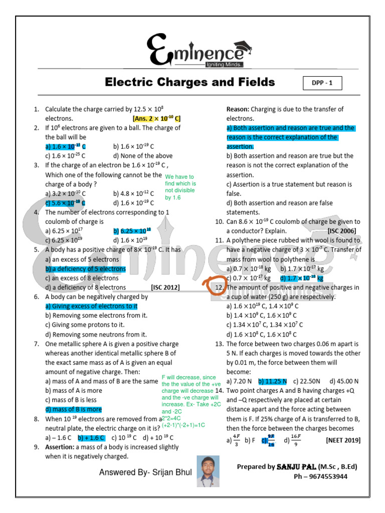 DPP 1 Answered | PDF | Electric Charge | Electron