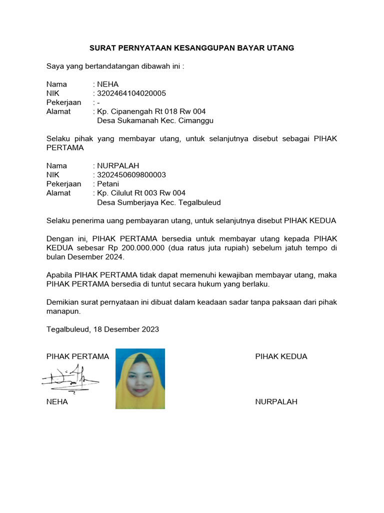 Surat Pernyataan Kesanggupan Bayar Utang | PDF