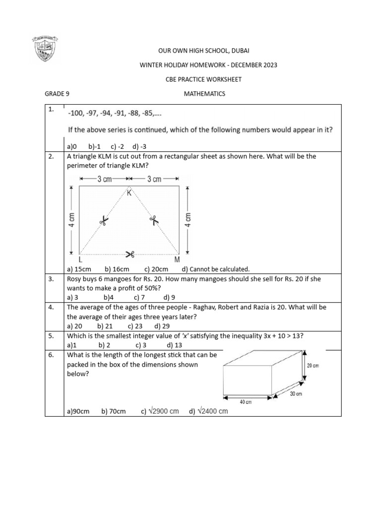 Winter HHW-1 | PDF | Area | Mathematics