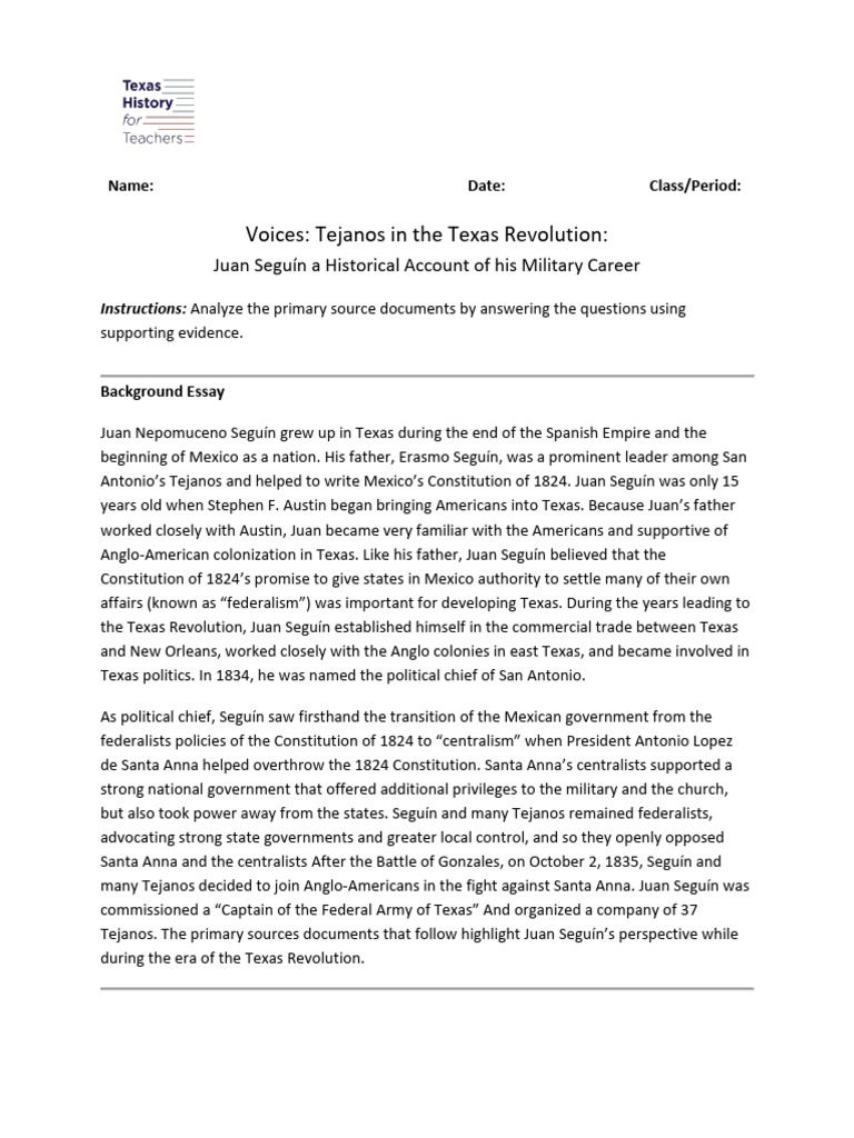 Primary Source Analysis Juan Seguin | PDF | Mexican Texas | Battle Of ...