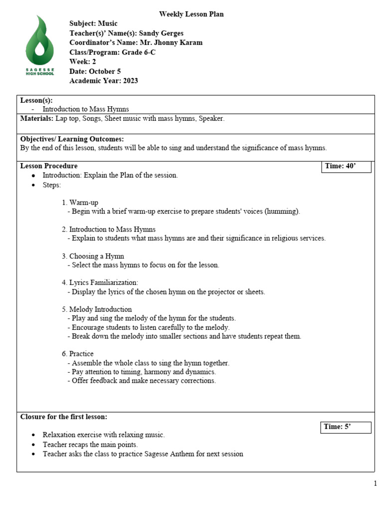Sagesse Anthem Lesson Plan for Grade 6 | PDF | Lesson Plan | Behavior ...
