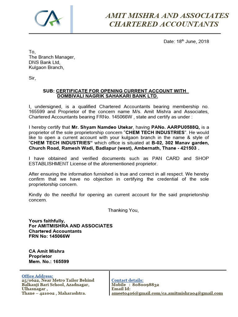 Certificate For Opening Current Account - Shyam Utekar | PDF ...