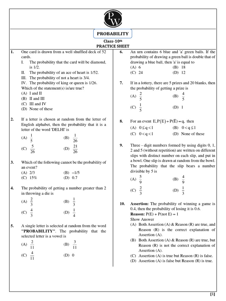 Practice Sheet-Probability 10th | PDF