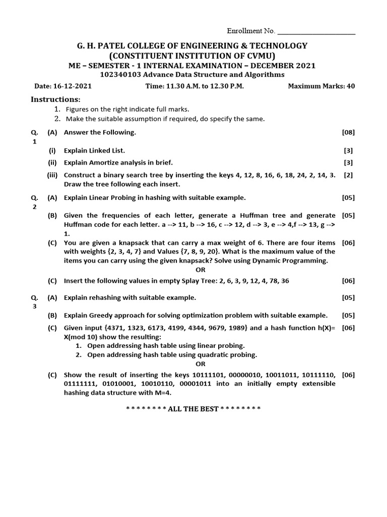 CVMU - FET - PG Mid Semester Exam Paper 2021 | PDF | Mathematical Logic | Algorithms And Data ...