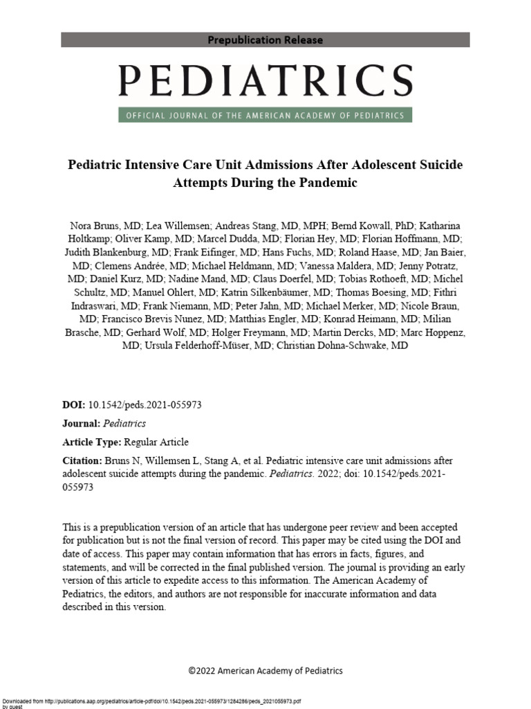 Pediatric Intensive Care Unit Admissions After Adolescent Suicide ...