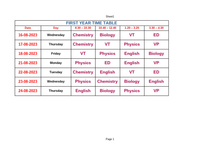First Year Class Schedule 2023 | PDF