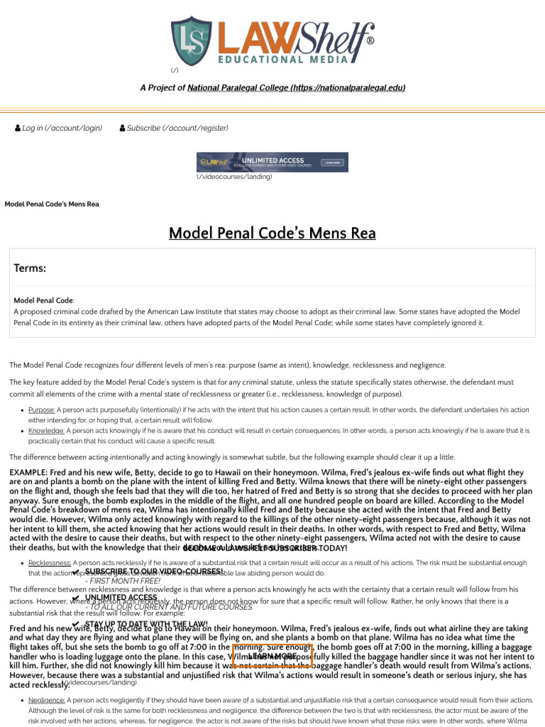 Model Penal Code's Mens Rea - LawShelf Educational Media | PDF | Mens ...