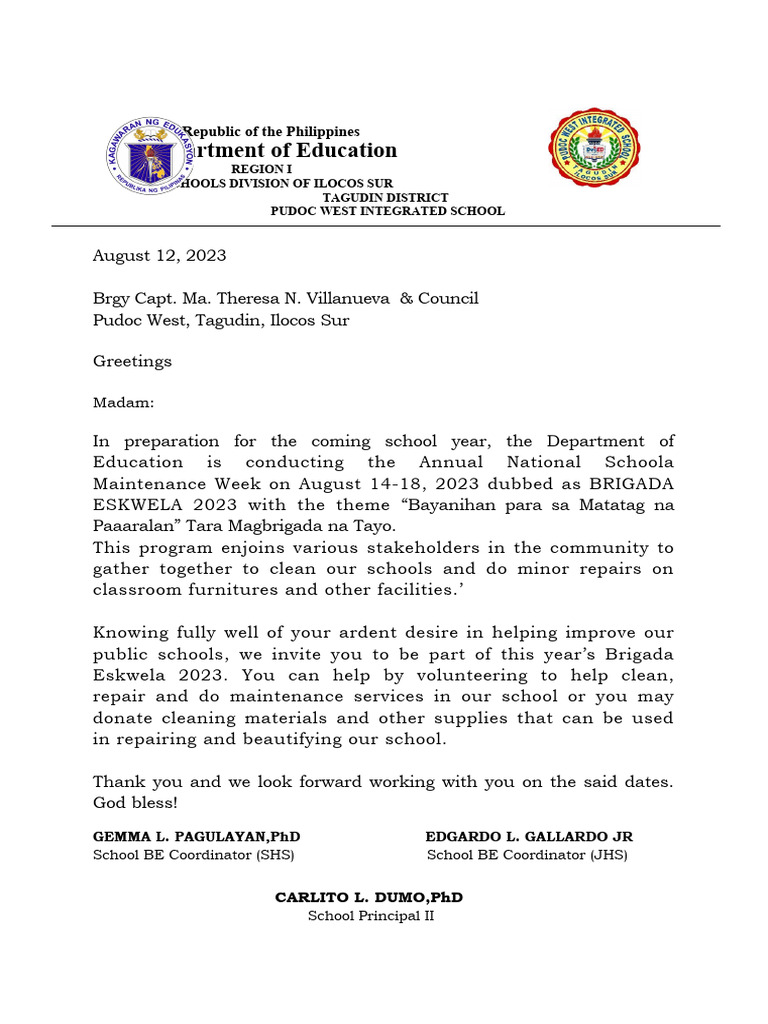Letter of Invitation For Brigada Eskwela 2023 | PDF
