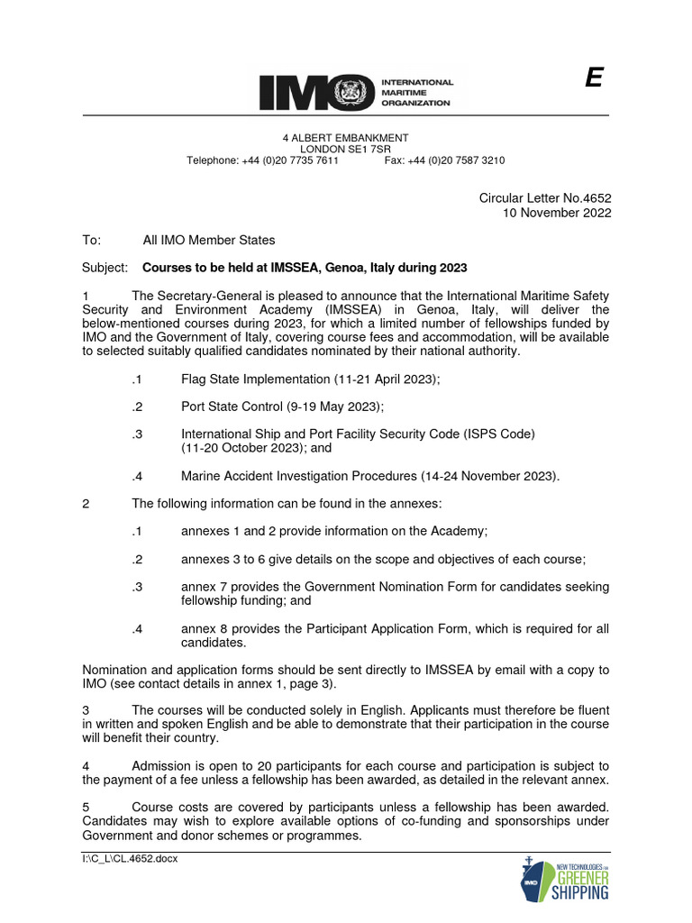 Circular Letter No.4652 Courses To Be Held at Imssea Genoa Italy Dur ...